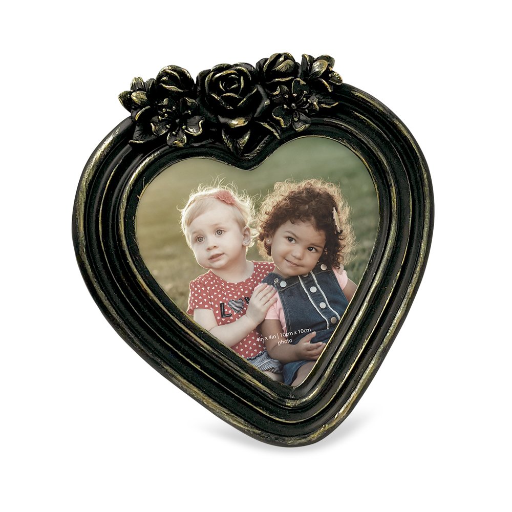 Isaac Jacobs 4x4 Heart-Shaped Resin Picture Frame with Rose Design, De ...