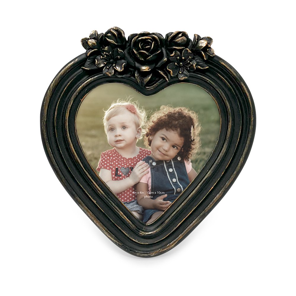 Isaac Jacobs 4x4 Heart-Shaped Resin Picture Frame with Rose Design, De ...